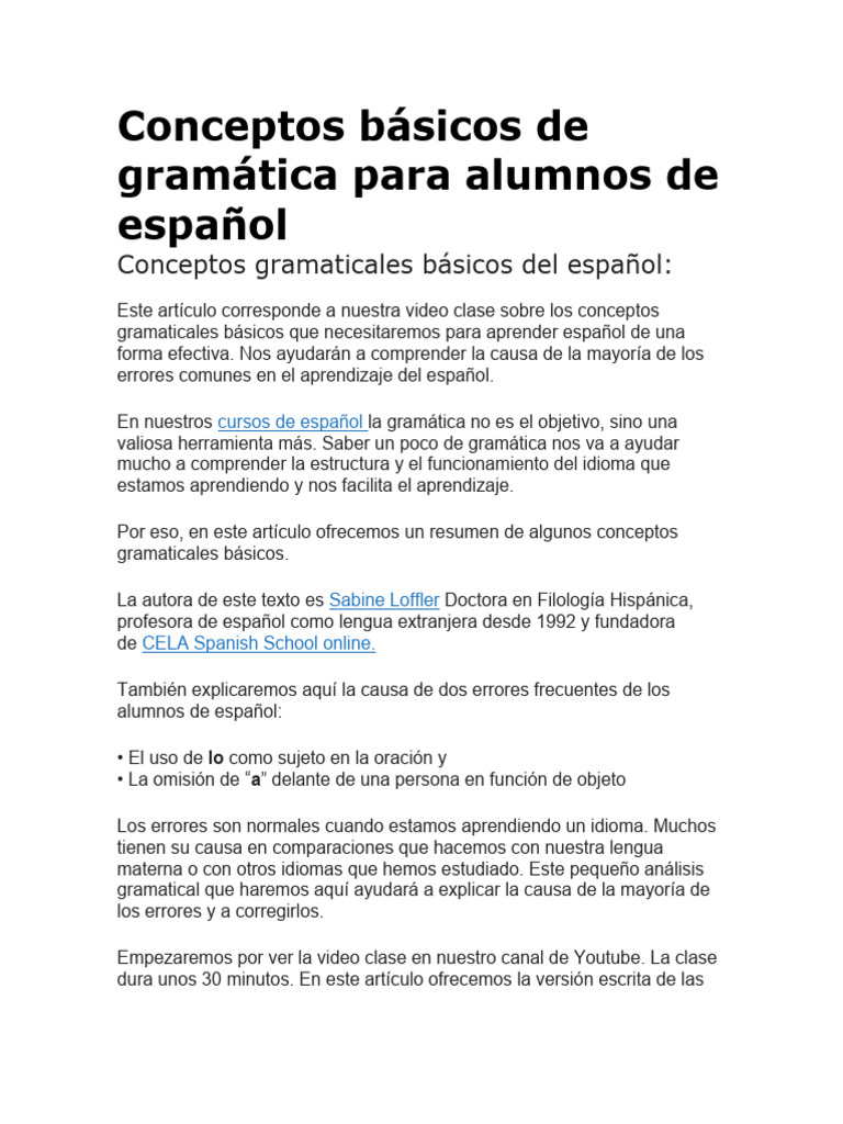 Conceptos Básicos de Gramática para Alumnos de Español | PDF