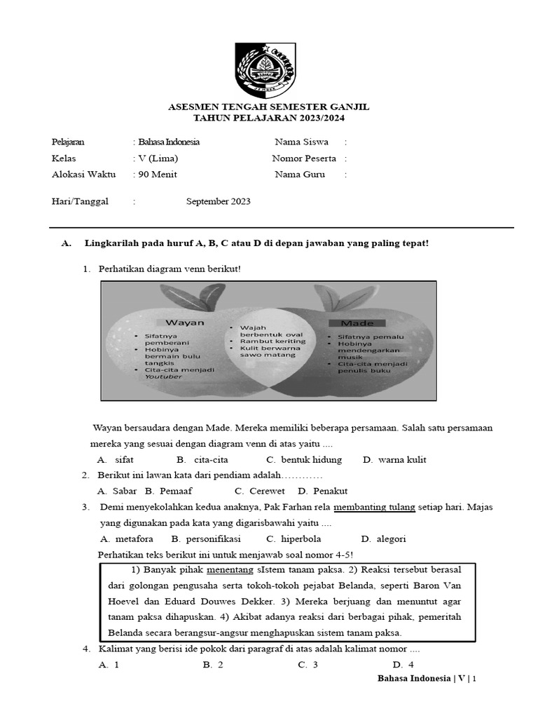 SOAL ATS GANJIL B.INDO KELAS 5 TP 2023-2024 Bu Jum New | PDF