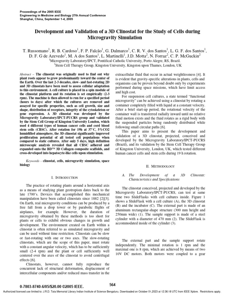Development and Validation of A 3D Clinostat For The Study of Cells During Microgravity ...