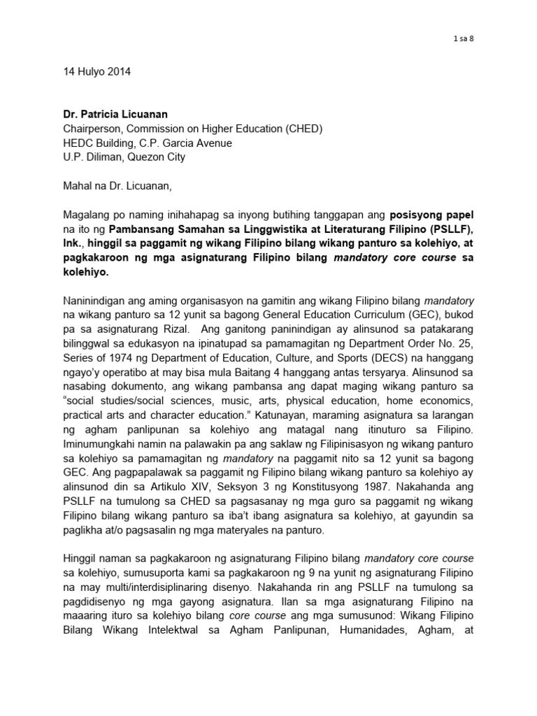 Posisyong Papel Ng Pambansang Samahan Sa Linggwistikang at Literaturang ...