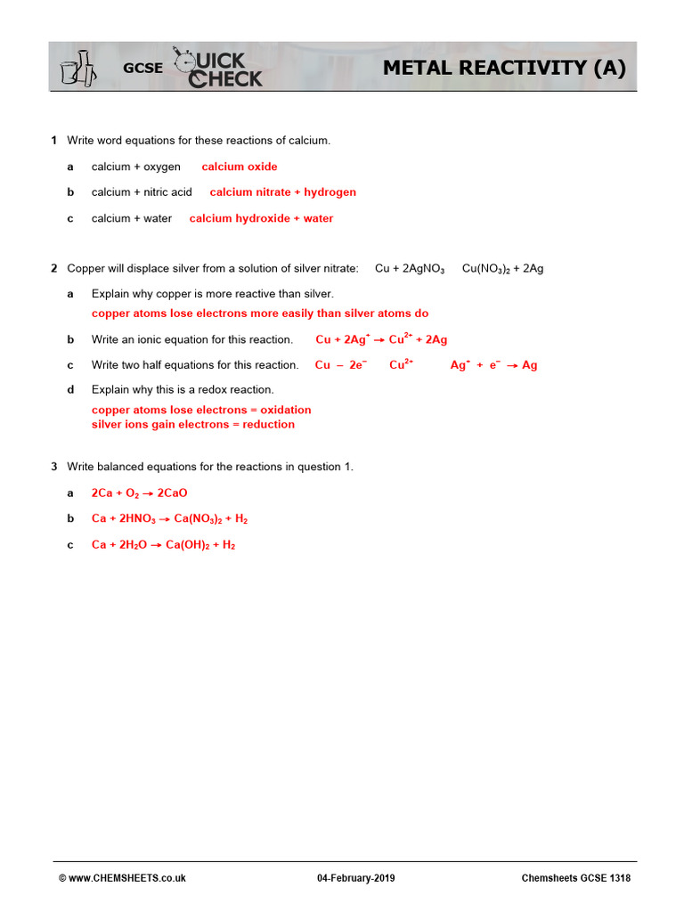Chemsheets GCSE 1318 QC Metal Reactivity A ANS | PDF