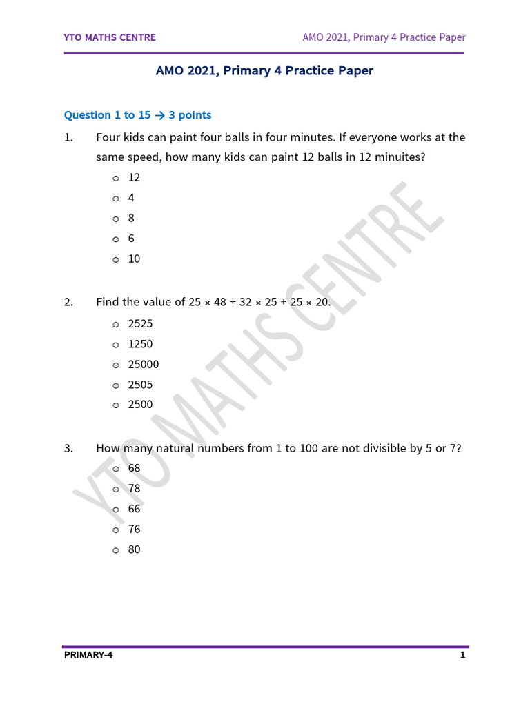 Primary 4 Math Practice Paper | PDF