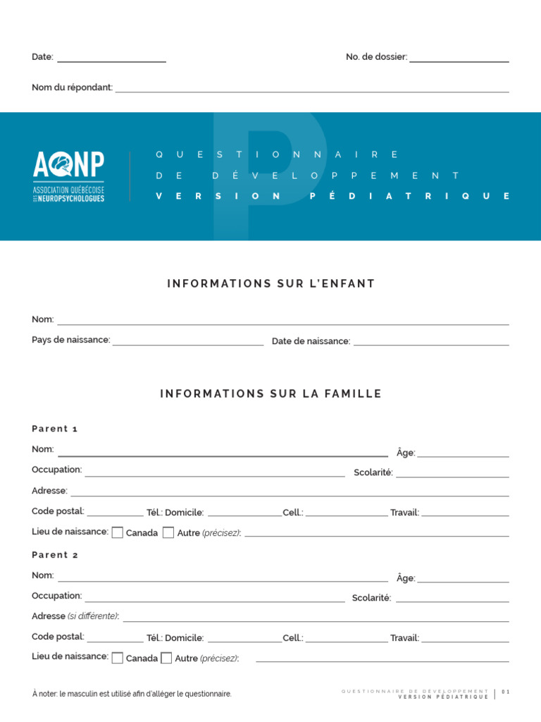 Questionnaire de Développement Pédiatrique | PDF