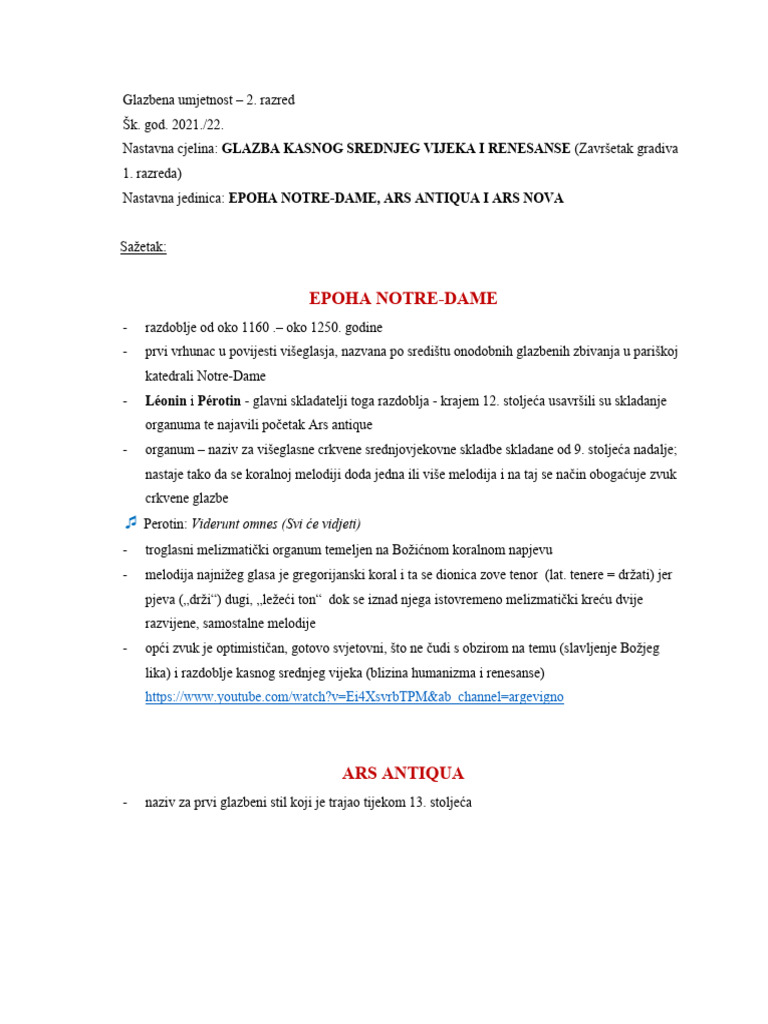 Glazba Kasnog Srednjeg Vijeka Epoha Notre - Dame, Ars Antiqua I Ars Nova - Loomen - Sažetak 3 | PDF