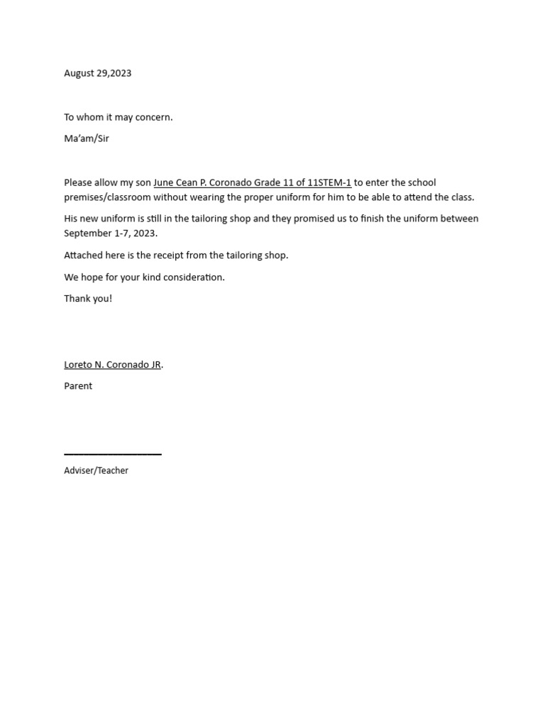 Uniform Excuse Letter | PDF