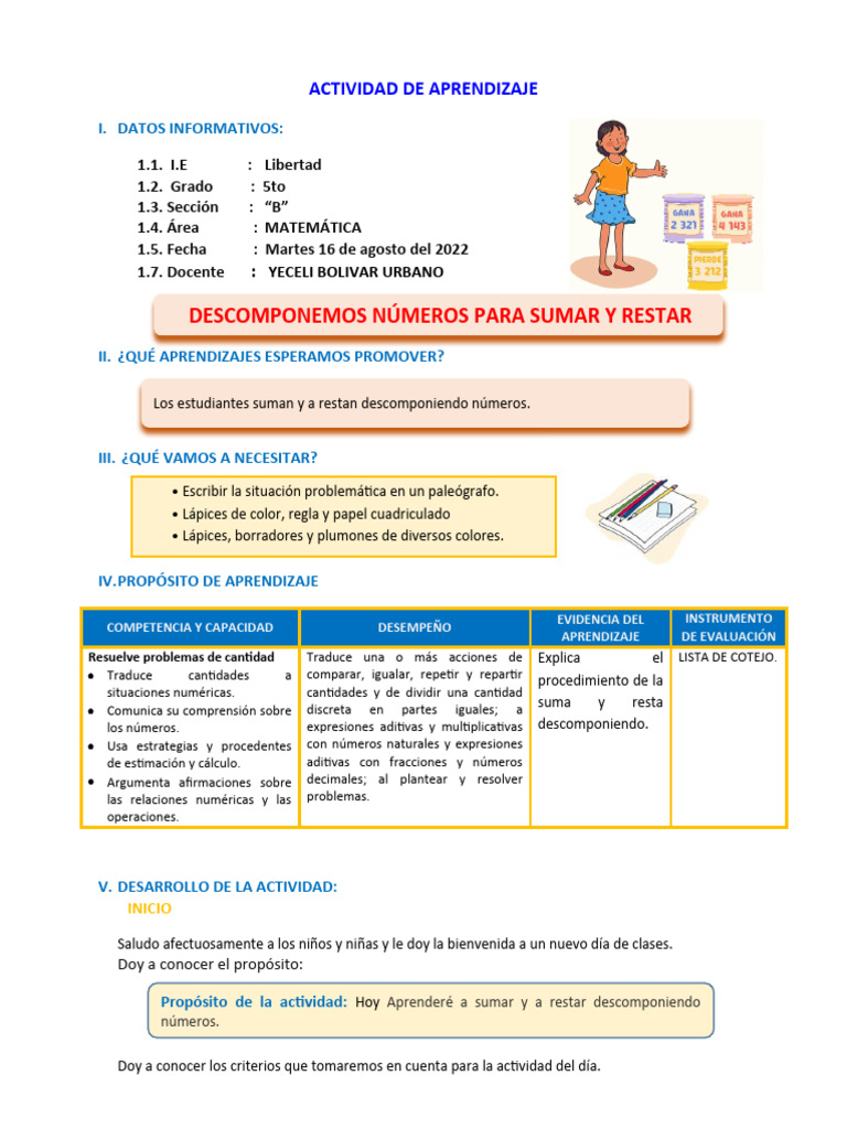 16 Martes Sesion 2 Matematica Descomponemos Números para Sumar y Restar ...