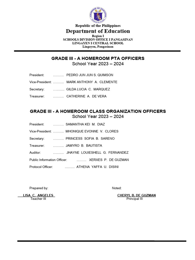 Homeroom PTA and CLass Org Officers III A | PDF