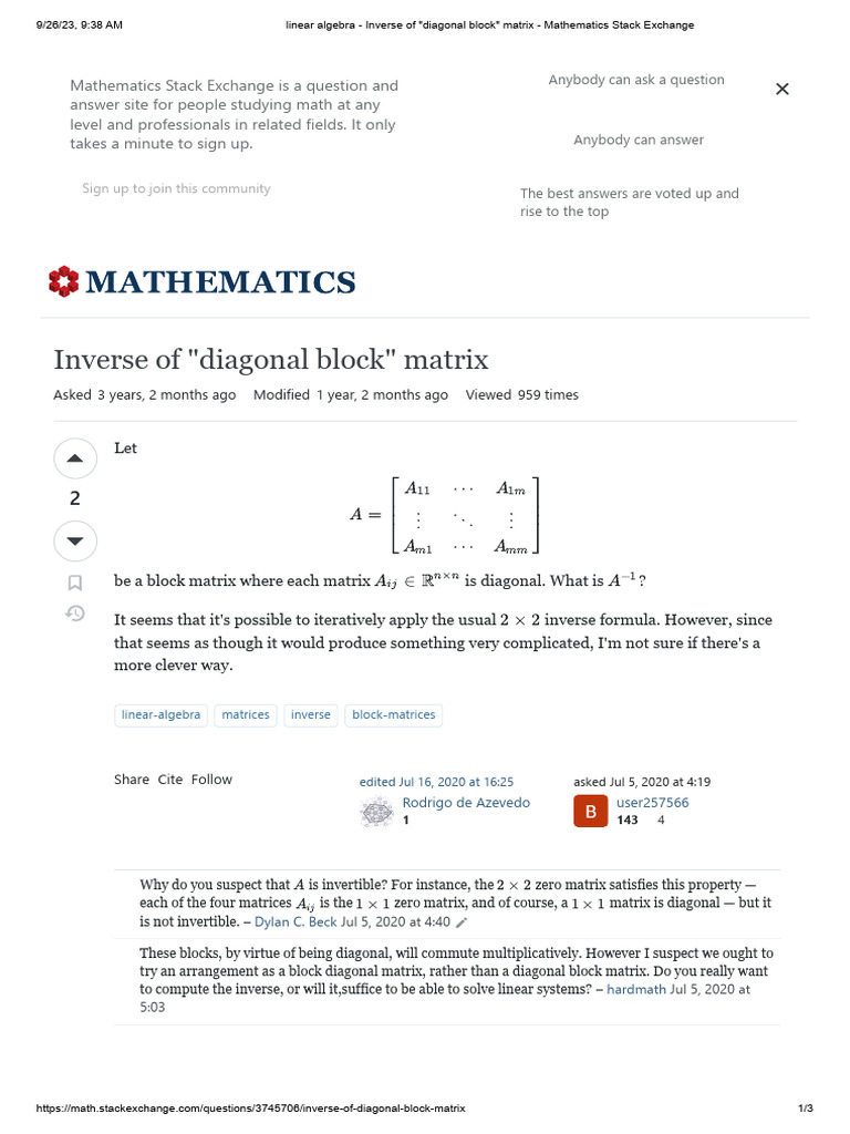 Inverse of Diagonal Block Matrix - Mathematics Stack Exchange | PDF