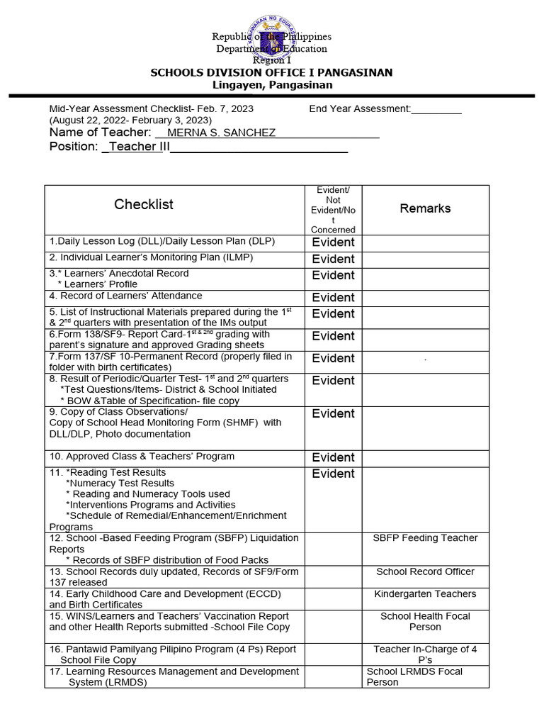 MID YEAR ASSESSMENT Checklist Feb 6 72023 Edited | PDF