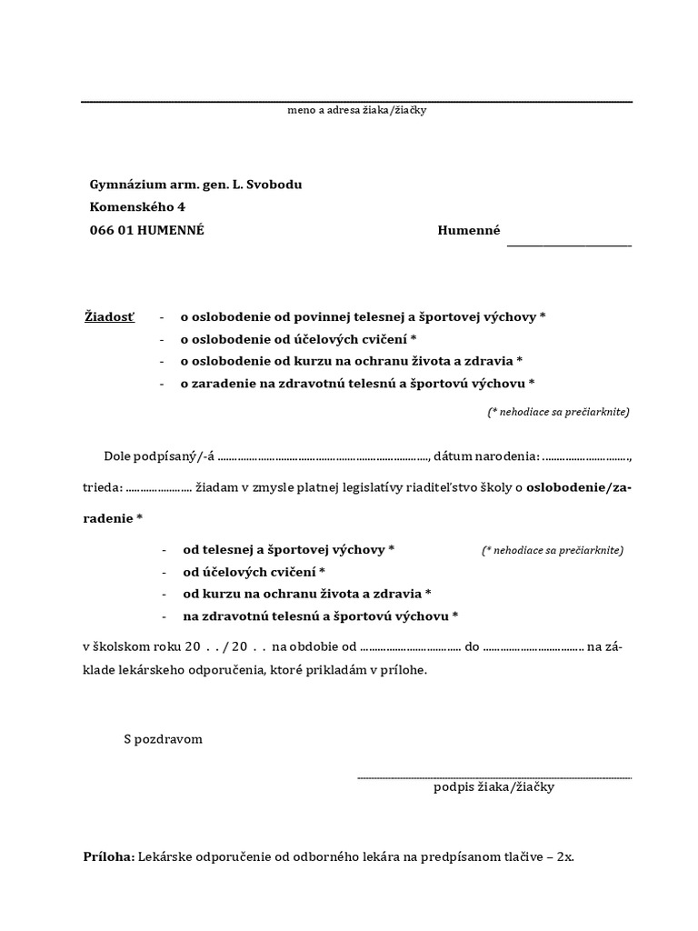 Ziadost Oslobodenie Od TSV Plnolety Ziak | PDF