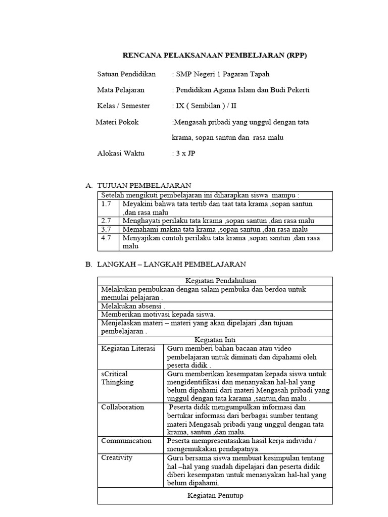 RPP Pai Kelas 9 | PDF | Karier & Perkembangan