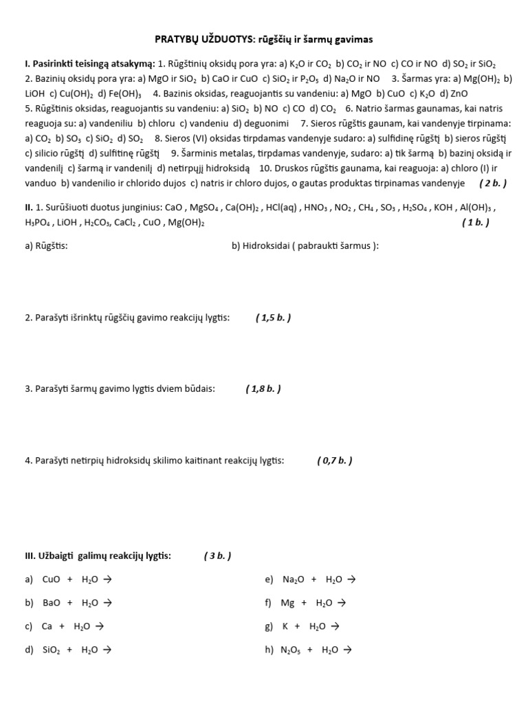 9kl. PRATYBŲ UŽDUOTYS - rūgščių ir šarmų gavimas | PDF