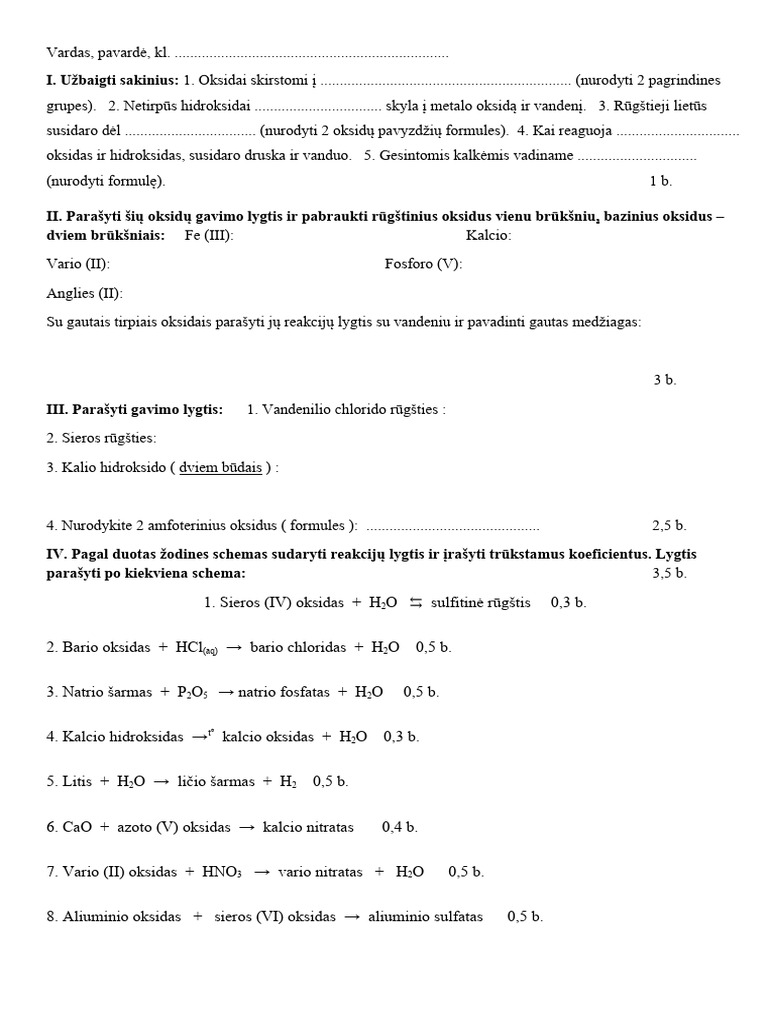 9 Kl. Chemija Savarankiškas D. Oksidai Jų Rūšys, Lygčių Sudarymas | PDF