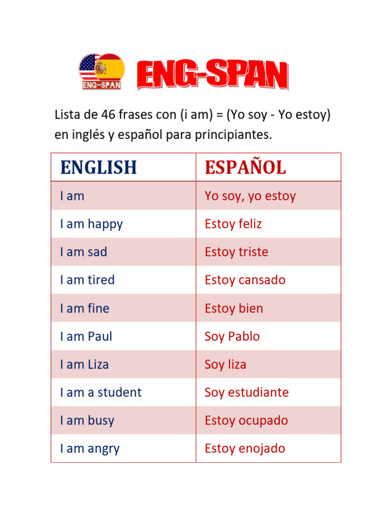 46 Frases Con (I Am) = (Yo Soy - Yo Estoy) en Inglés y Español - PDF | PDF