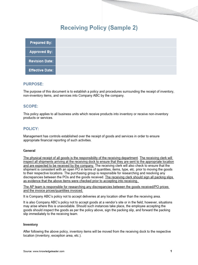 Receiving Policy - Sample 2 | PDF