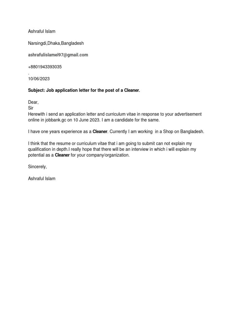 Cleaner Job Application Letter Europe Emon | PDF