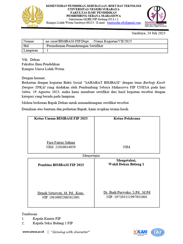 Permohonan TTD Dekan Untuk Sertifikat | PDF