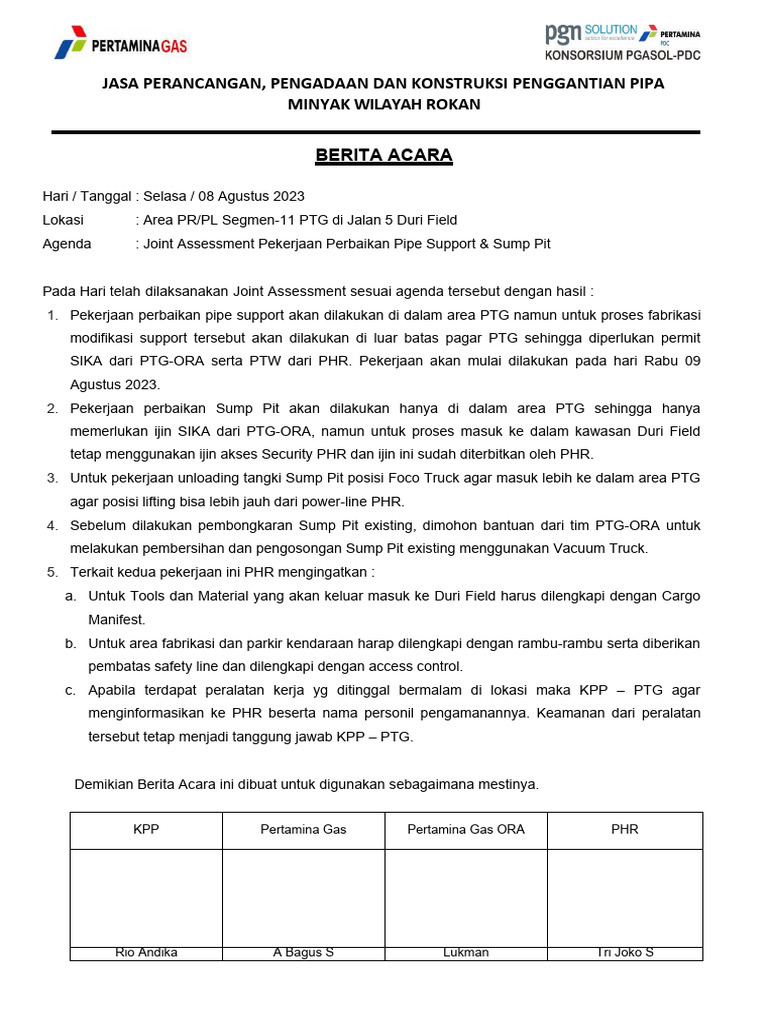 BA Joint Assessment Perbaikan Pipe Support & Sump Pit Rev - Bgs | PDF
