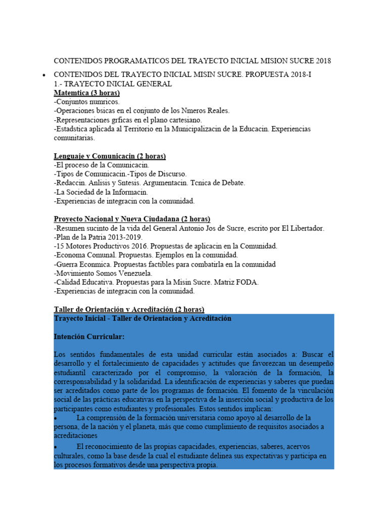 Contenidos Programaticos Del Trayecto Inicial Mision Sucre 2018 | PDF | Iniciativa empresarial ...