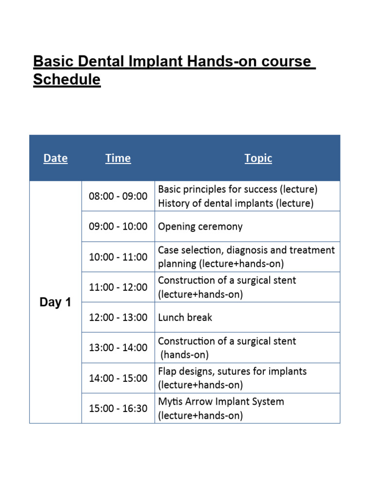 Basic Dental Implant Hands-On Course Schedule | PDF