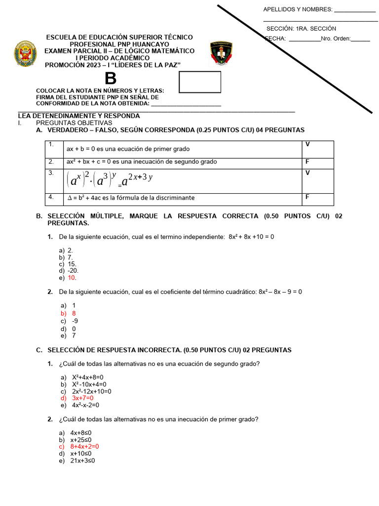 Examen Parcial II de Lógico Matemático | PDF | Ecuaciones | Matemática Elemental