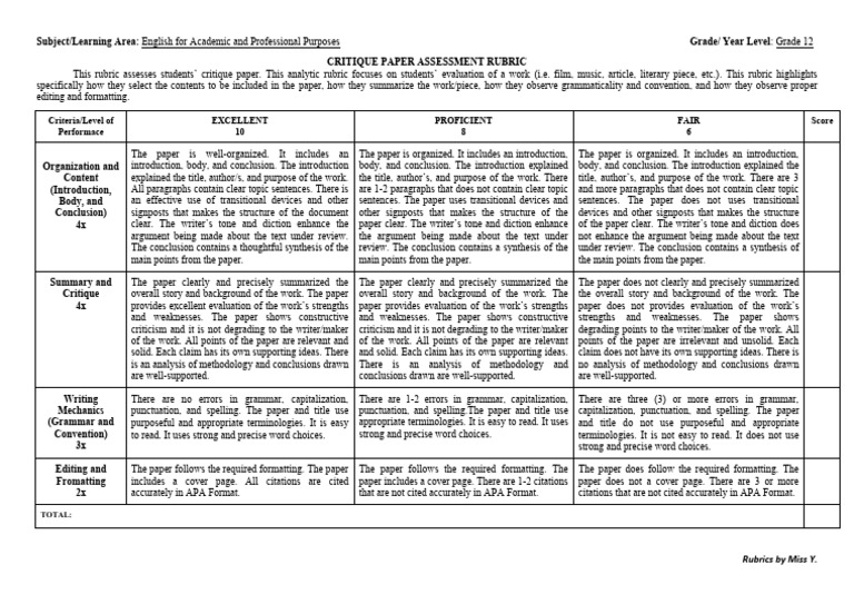 Critique Paper - Rubrics | PDF | Rubric (Academic) | Apa Style