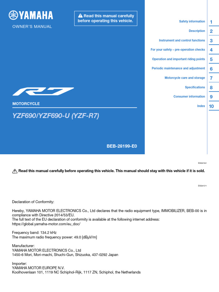 YZF-R7 Owners Manual 2023s | Download Free PDF | Motorcycle | Brake