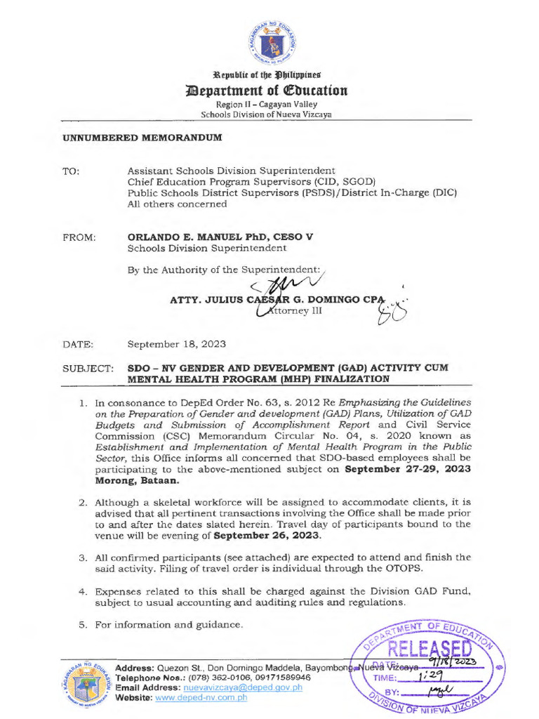 2023-09-18 Sdo-Nv Gender and Development (Gad) Activity Cum | PDF