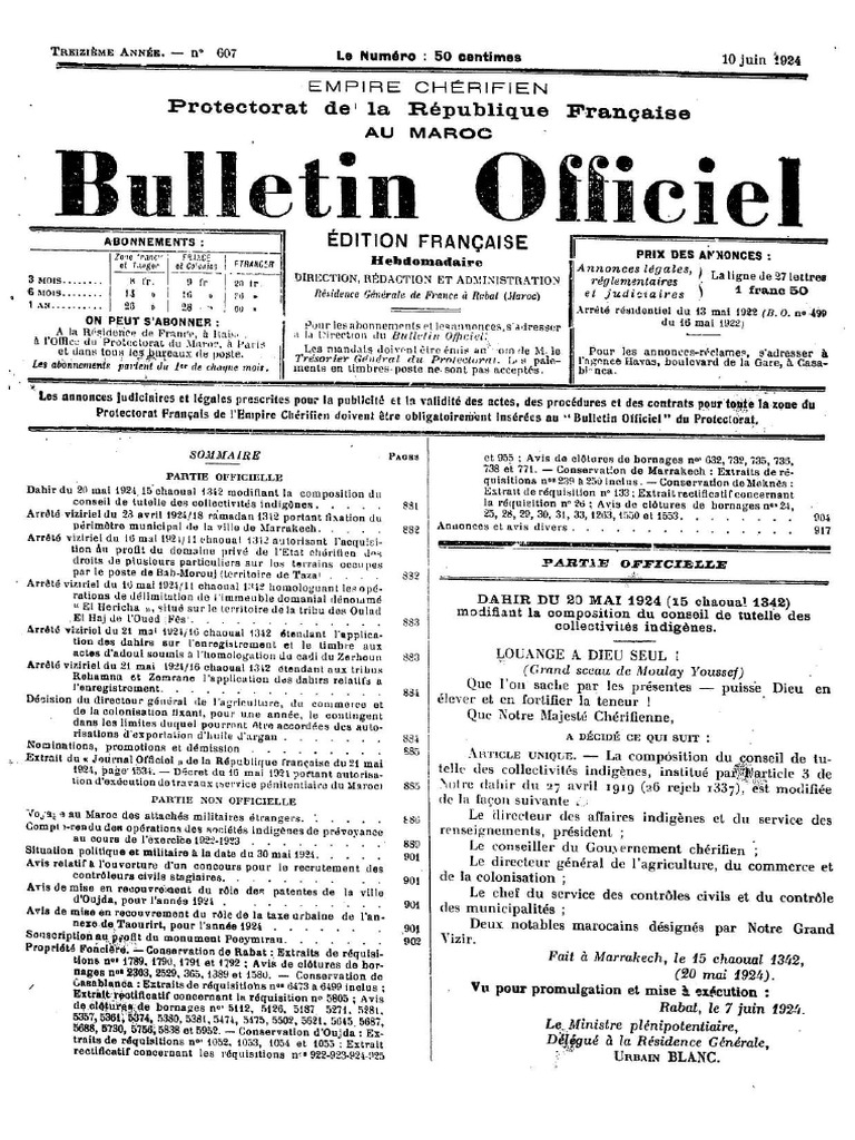 Ma Bulletin Officiel Dated 1924 06 10 No 607 | PDF