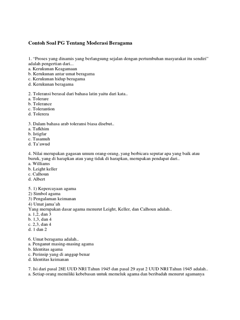 Contoh Soal PG Tentang Moderasi Beragama | PDF