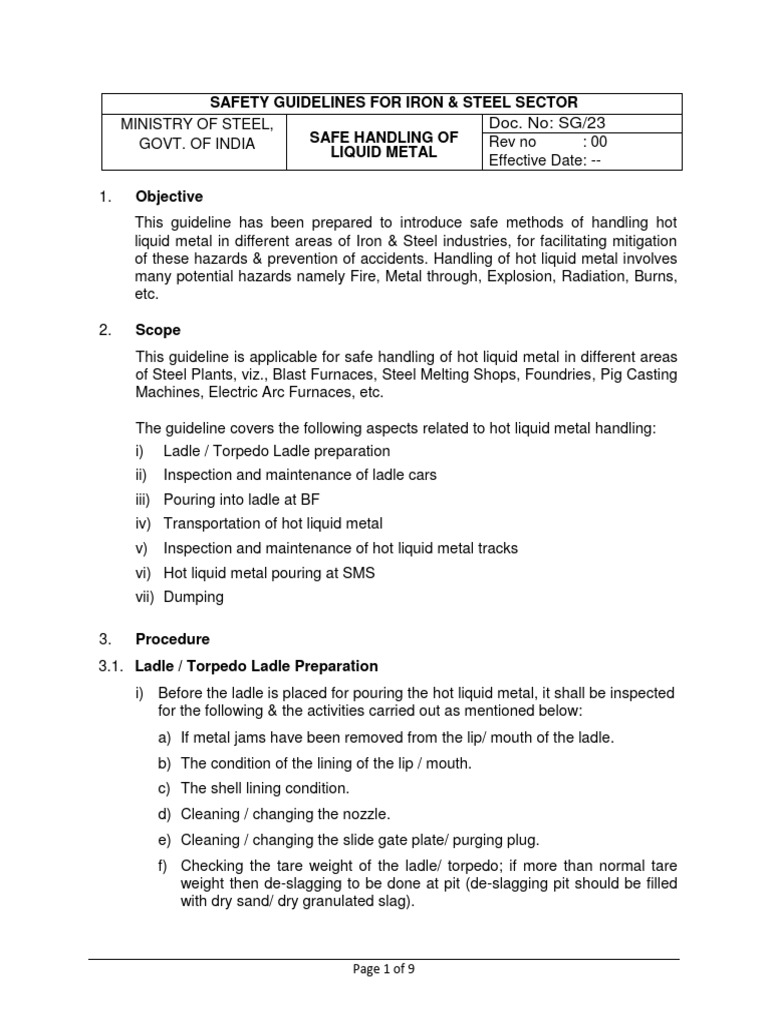 SG-23 Safety Guideline For Safe Handling of Liquid Metal | PDF