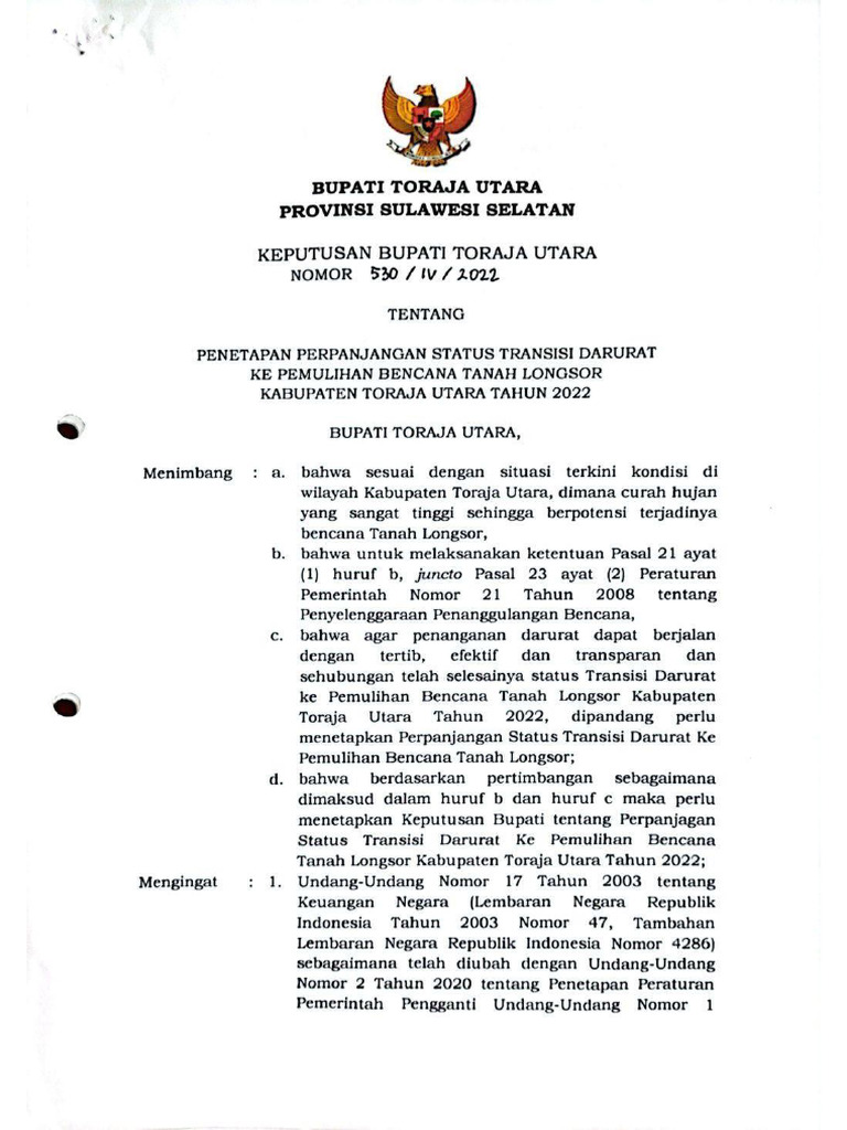 SK Bupati Nomor 530 Tahun 2022 - Penetapan Perpanjangan Status Transisi Darurat Ke Pemulihan ...