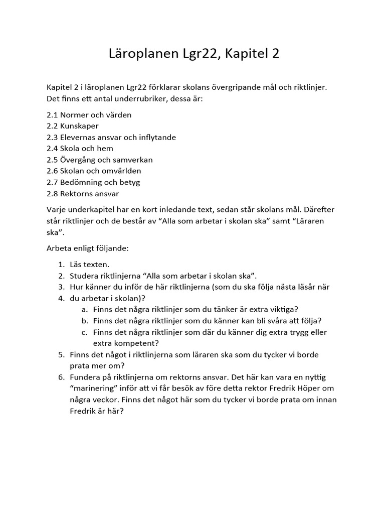 LGR 22, Kap 2, Arbetsgång Frågor | PDF