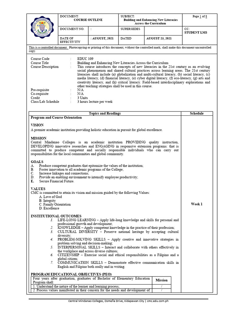 EDUC 109 Building and Enhancing New Literacies Across The Curriculum | PDF