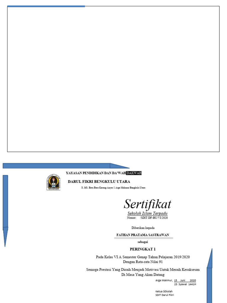 Sertifikat YDF_Kls6_2020 Depan - Copy | PDF