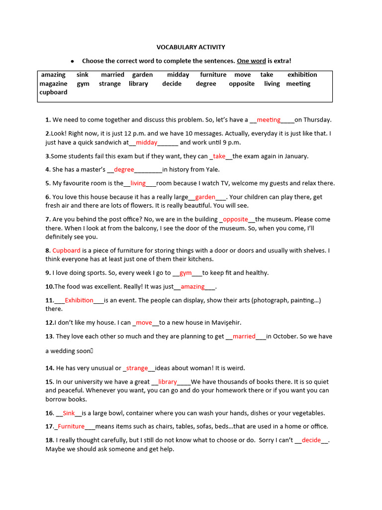 Vocabulary Activity Answer Key | PDF