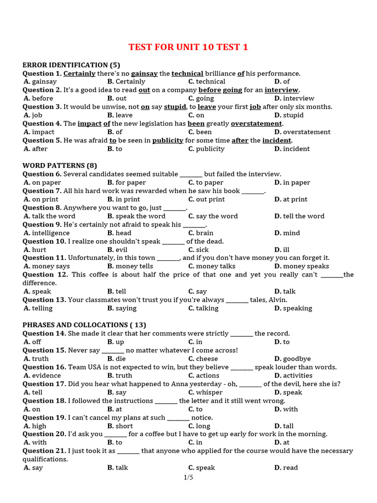 Unit 10 Test 1: Error Identification | PDF