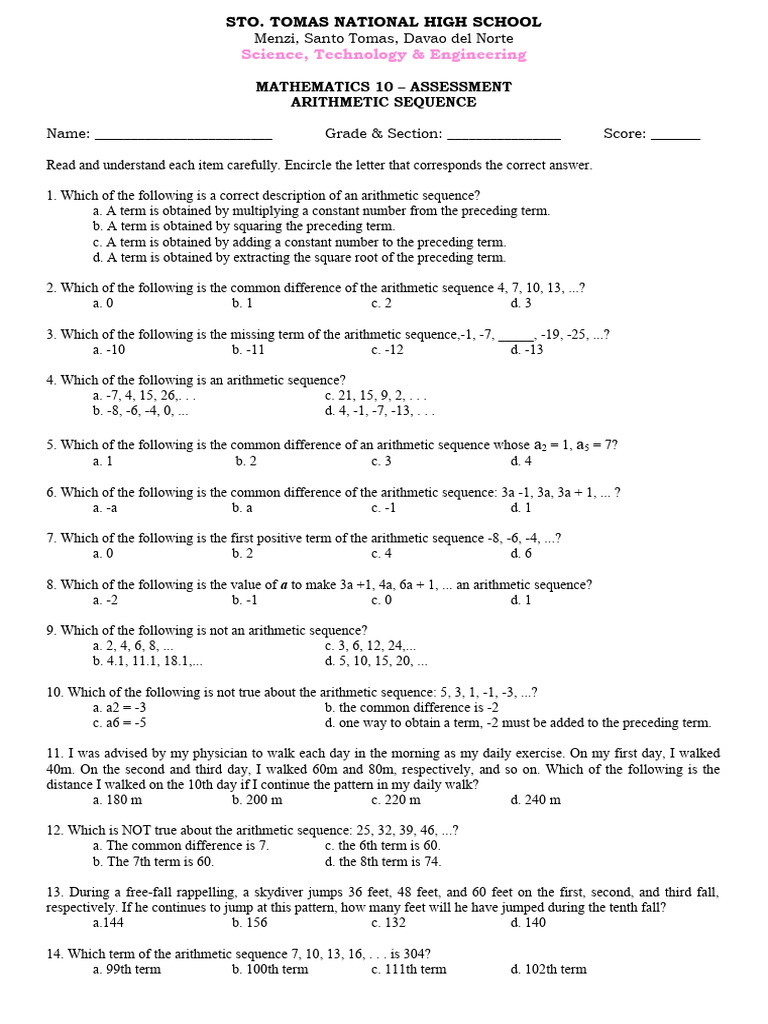 Mathematics 10 Assessment: Arithmetic Sequences | PDF | Mathematical ...