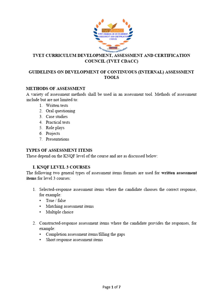 Guidelines On Development of Continuous (Internal) Assessment Tools | PDF | Multiple Choice ...
