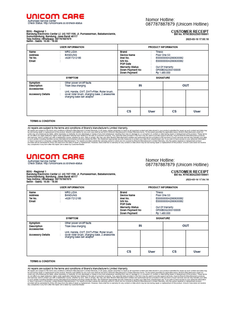 Tineco Service Center Bandung Details | PDF