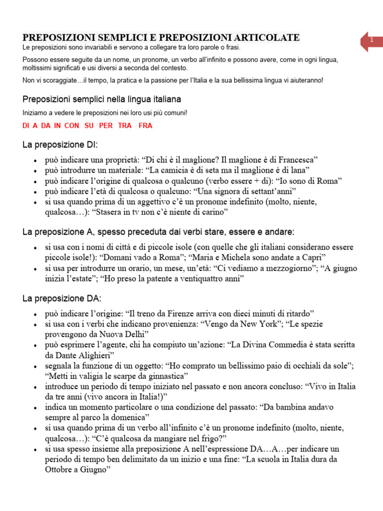 Preposizioni Semplici e Preposizioni Articolate | PDF