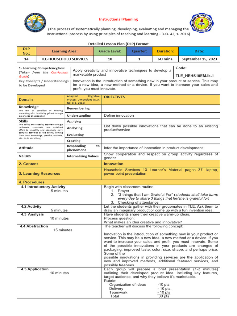 TLE 10 Lesson Plan-Innovation | PDF | Learning | Innovation