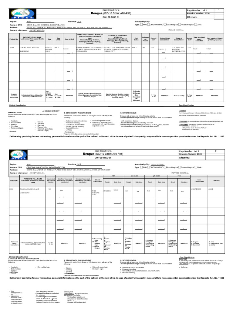 Dengue CRF - Fillable | PDF | Clinical Medicine | Microbiology