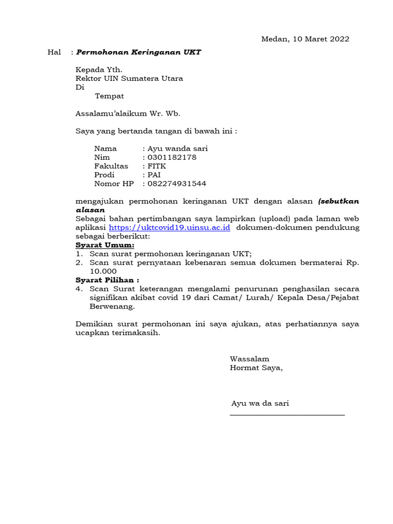 A. Surat Permohonan Keringanan UKT | PDF