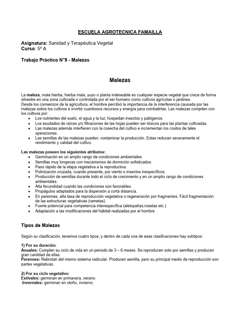 Tp N°9 Malezas Pdf Hierba Tallo De La Planta