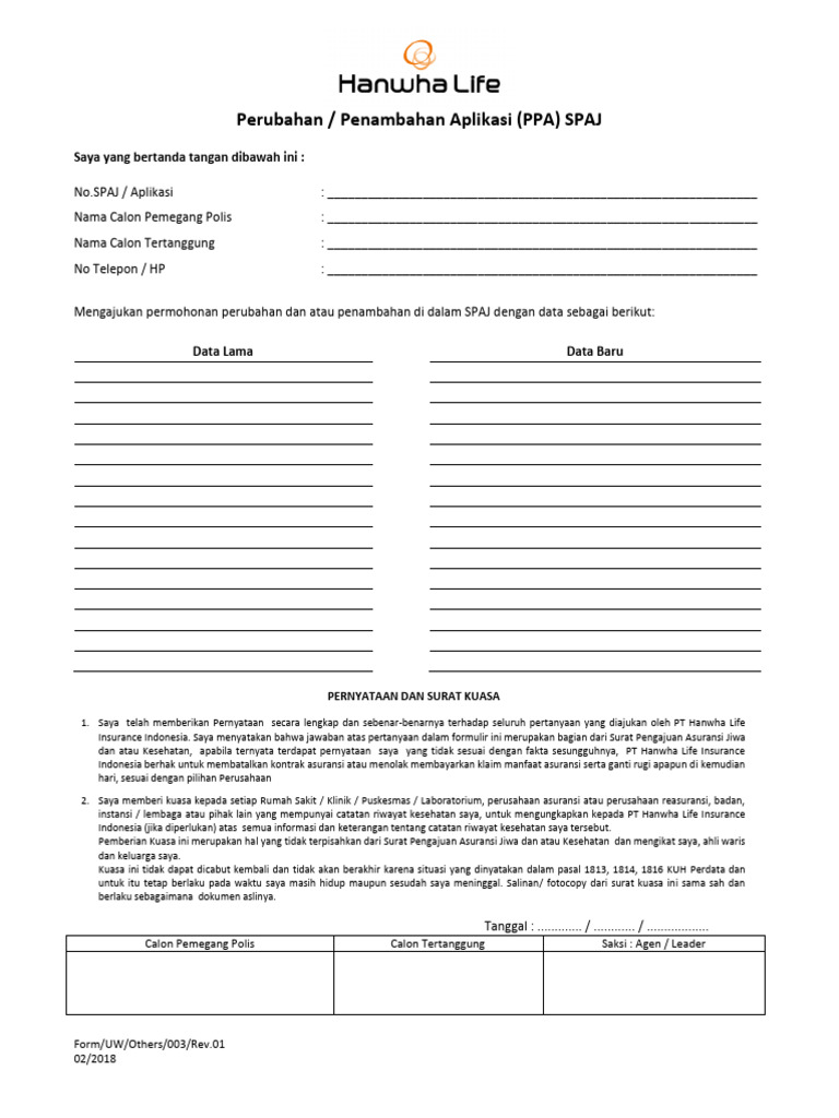 Perubahan / Penambahan Aplikasi (PPA) SPAJ: Saya Yang Bertanda Tangan Dibawah Ini | PDF | Hukum