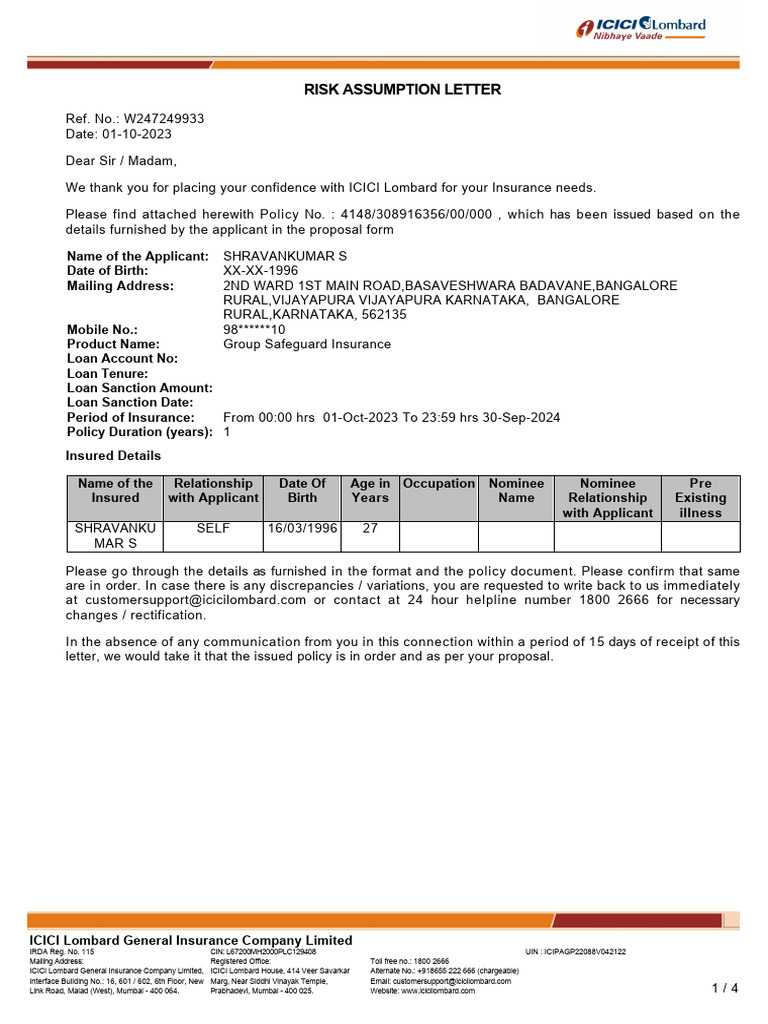 Risk Assumption Letter | PDF