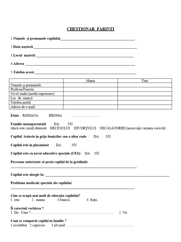 Chestionar Consiliere Parinti | PDF