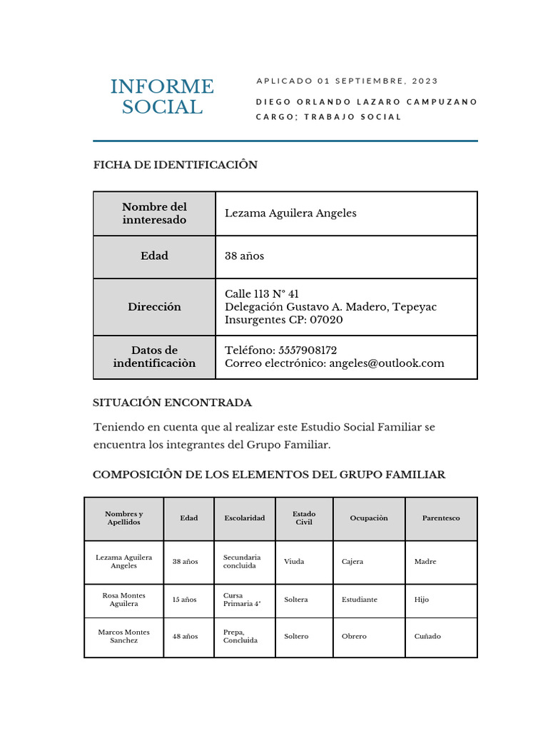 Informe Social Familar Diego Campuzano | PDF | Salud y bienestar