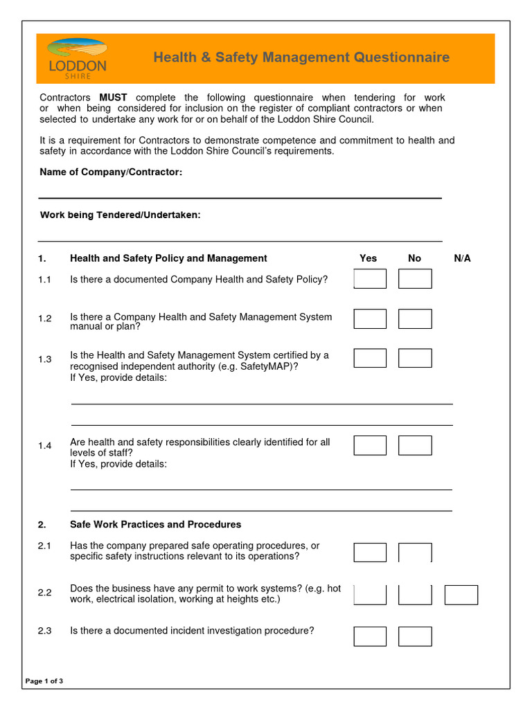 Health Safety Questionnaire | PDF | Occupational Safety And Health | Safety